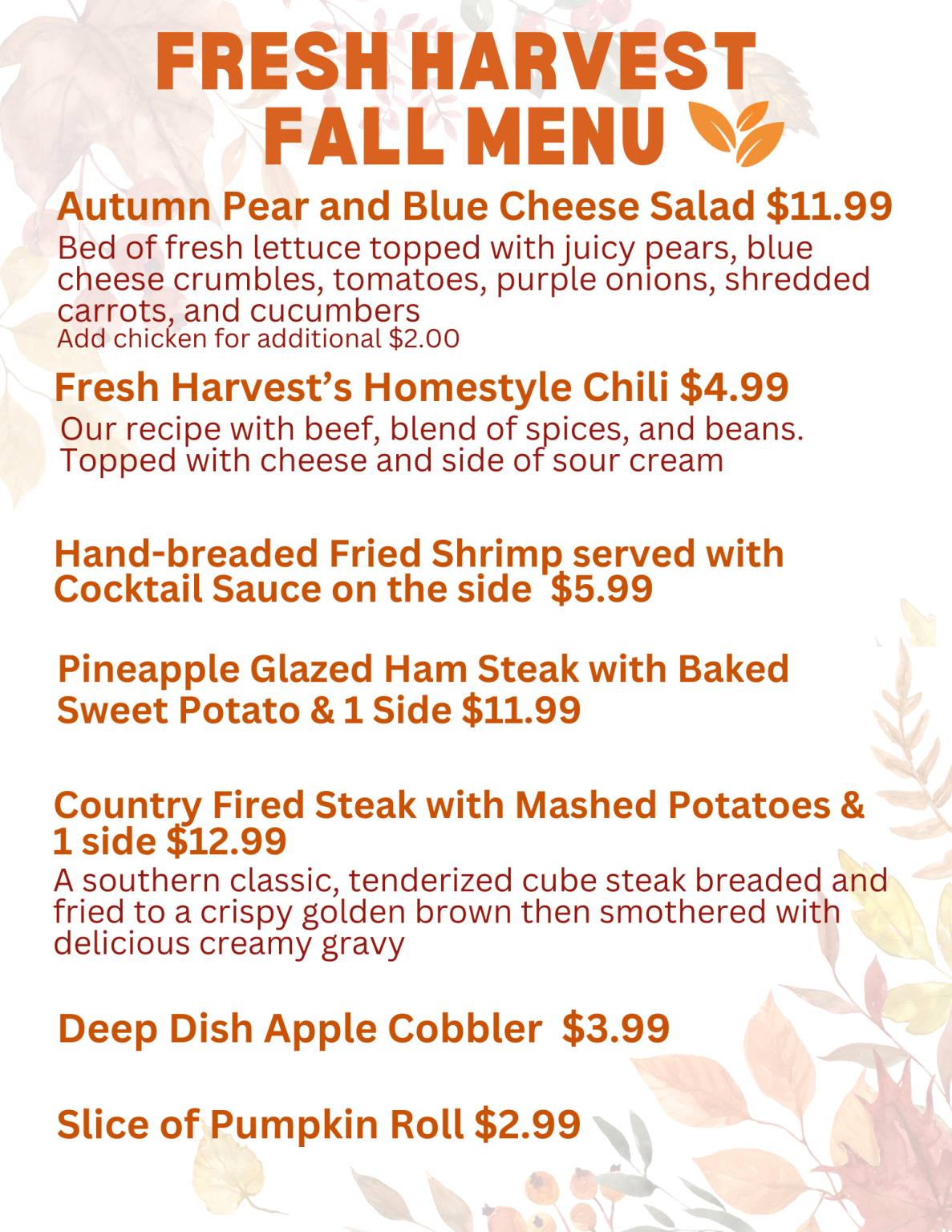 Restaurant Menu – Fresh Harvest Restaurant